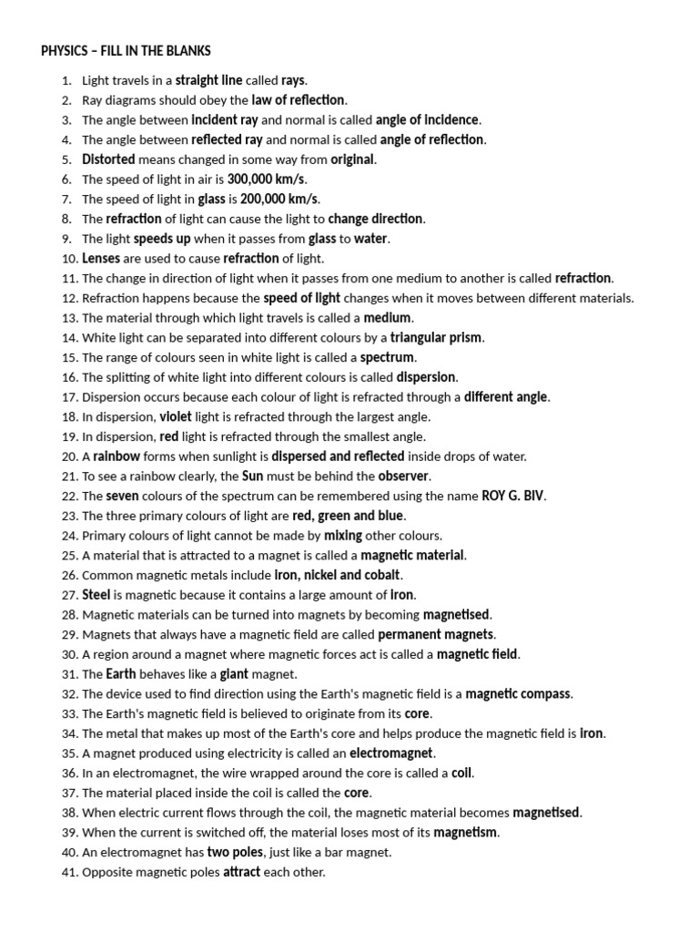 Physics - Fill in The Blanks | PDF | Magnetism | Magnet