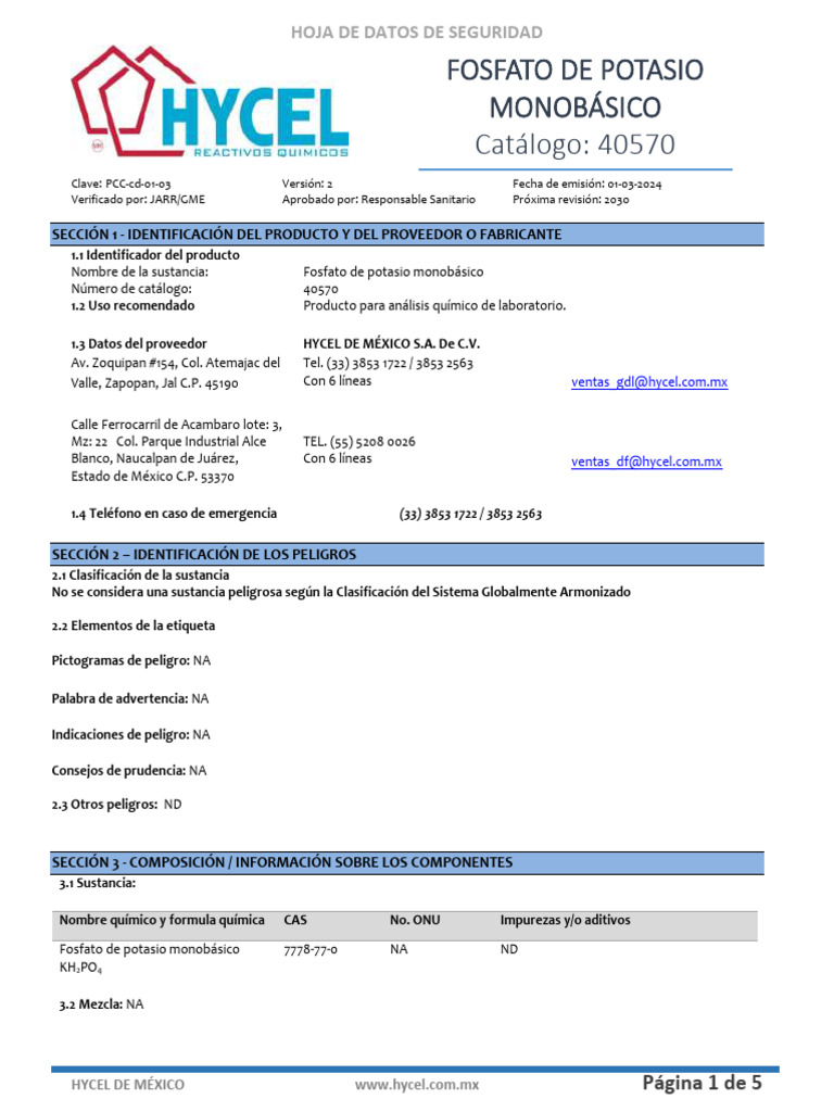 Fosfato de Potasio Monobasico Hycel | PDF | Agua | Residuos
