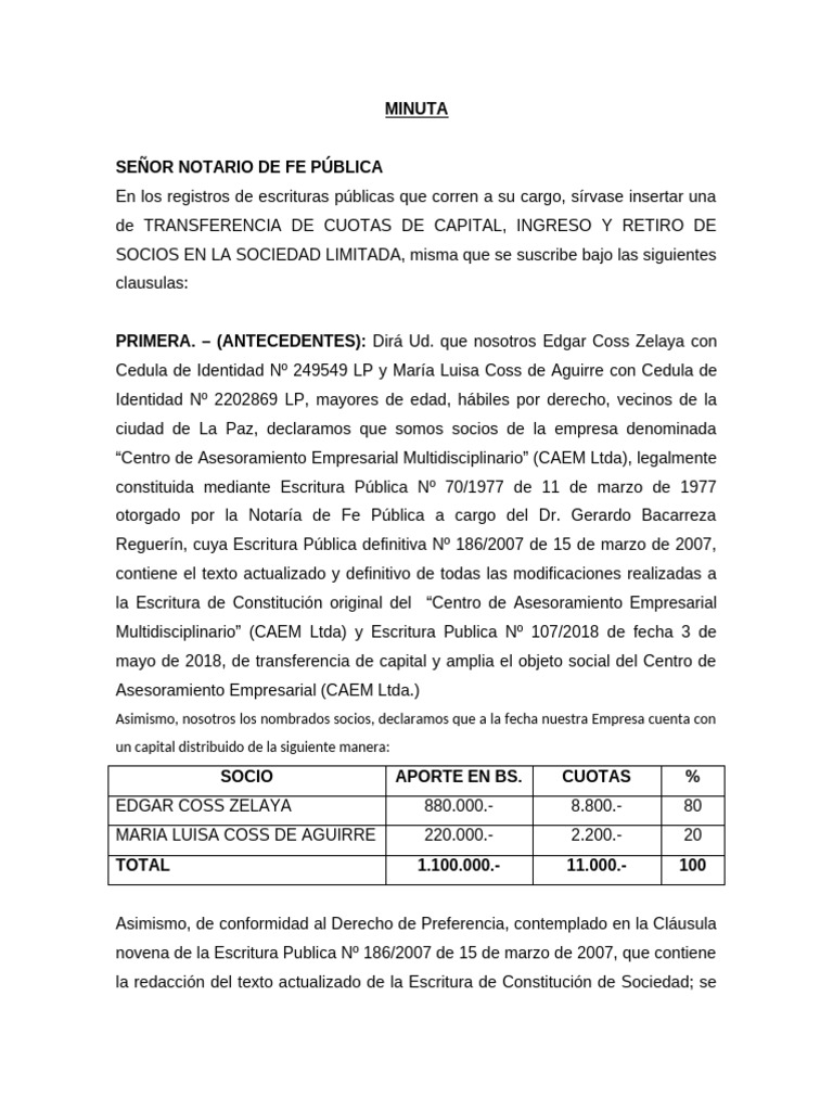 Minuta Transferencia de Capital para Fusion | PDF