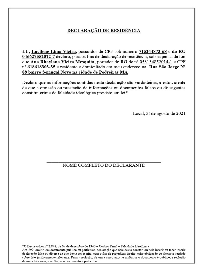 Ana Declaração de Residencia | PDF