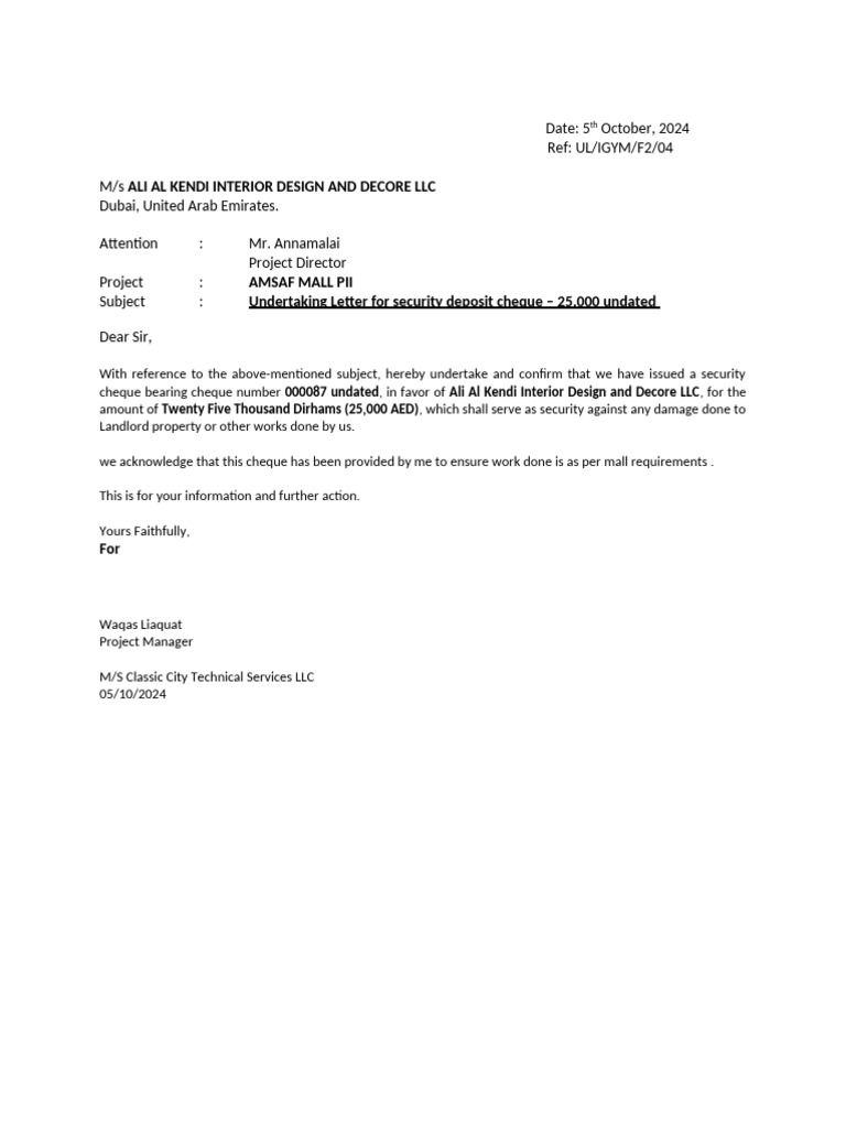 Undertaking Letter For Security Deposit Cheque - 25000, Undated | PDF