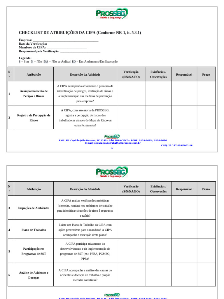 Checklist de Atribuições Da Cipa | PDF