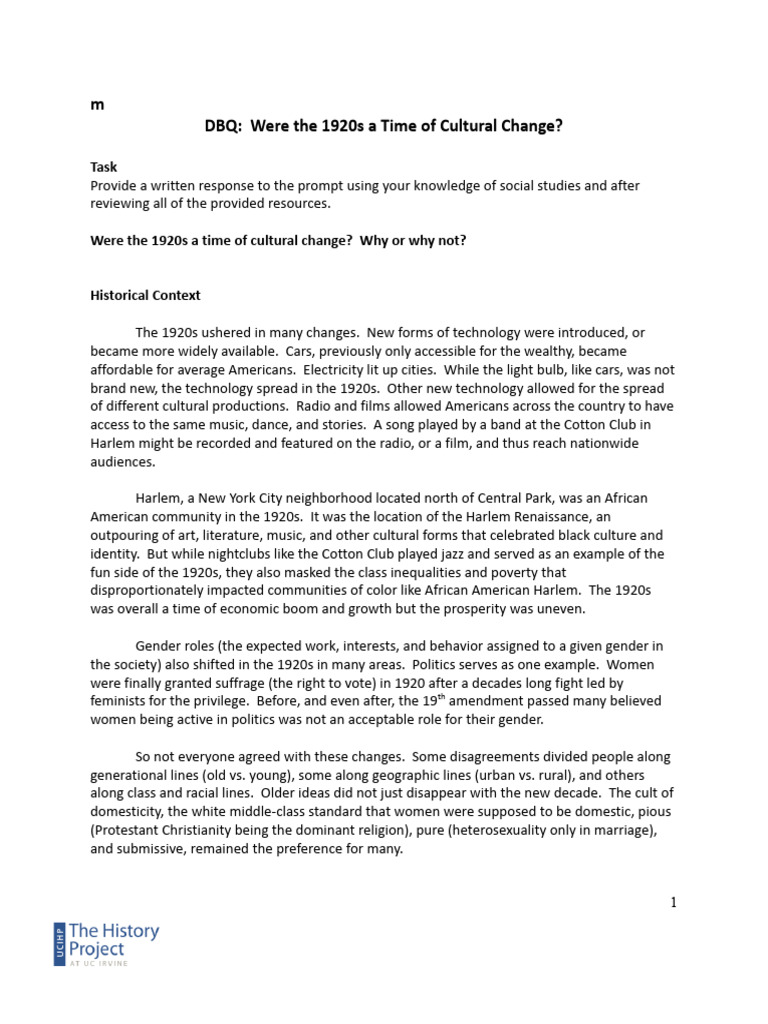 Averianna Gonzalez - DBQ Were The 1920s A Time of Cultural Change | PDF ...