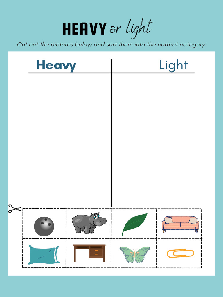 Heavy or Light Cut and Paste Worksheet | PDF