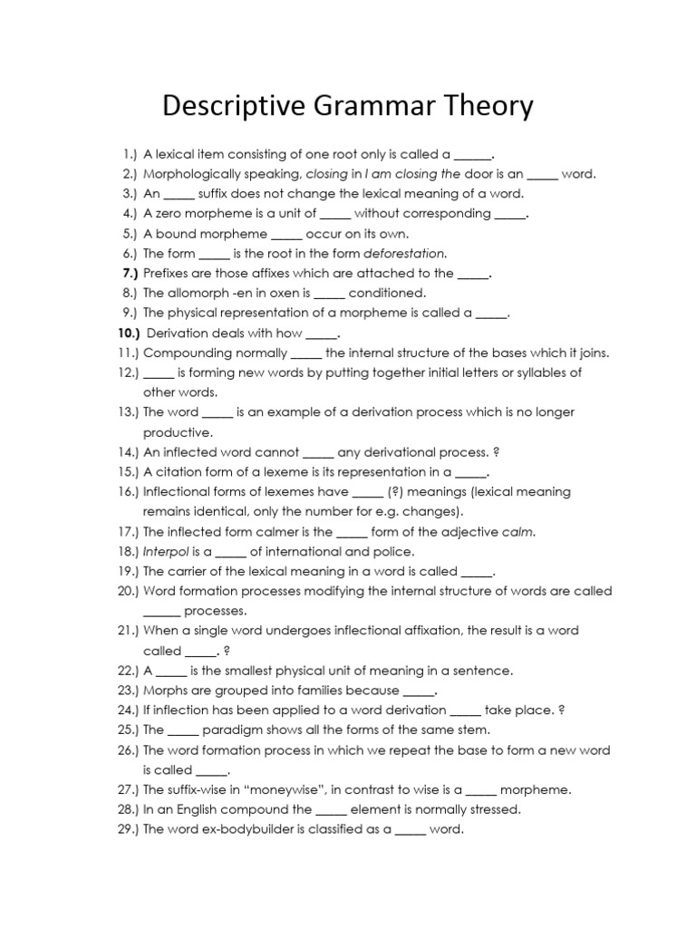 Descriptive Grammar Test Gaps | PDF | Word | Verb
