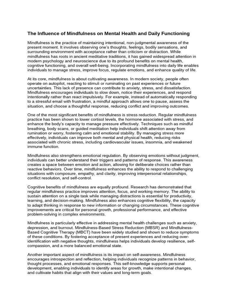 The Influence of Mindfulness On Mental Health and Daily Functioning ...