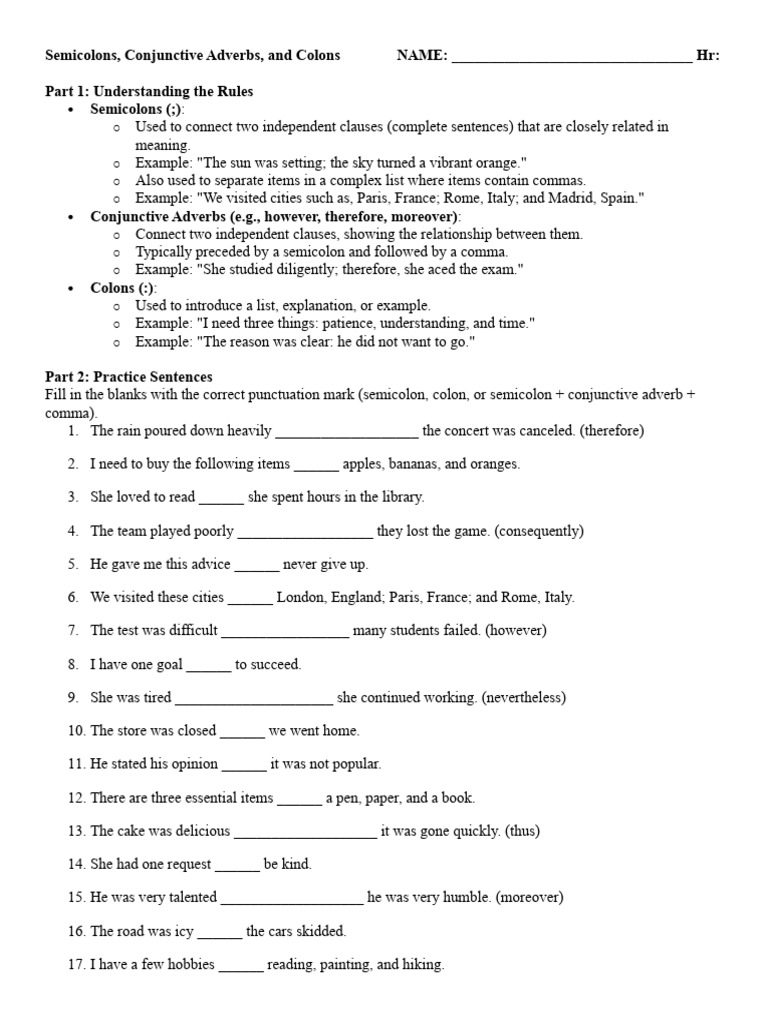 Semicolons, Colons, Conjunctive Adverbs | PDF | Comma | Language Mechanics