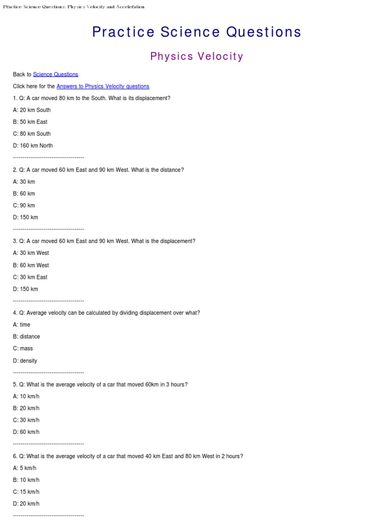 Practice Science Questions - Physics Velocity and Acceleration | PDF ...
