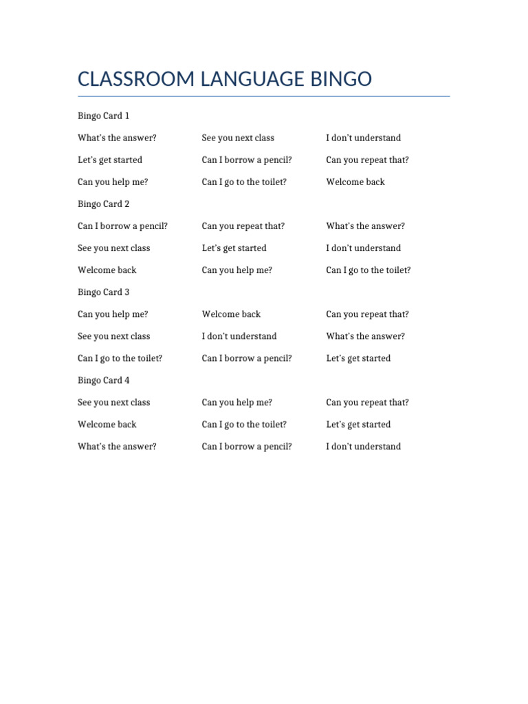 Bingo Classroom Language | PDF