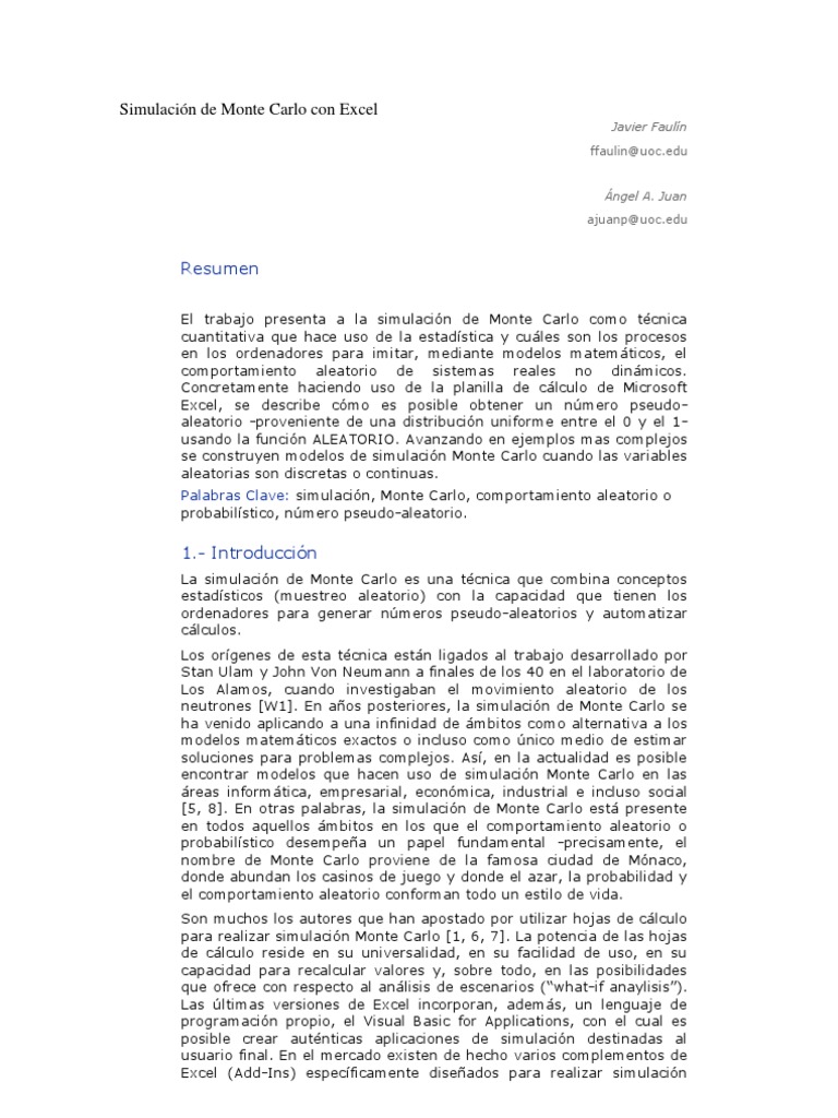 Simulación de Monte Carlo Con Excel | PDF | Método Monte Carlo ...