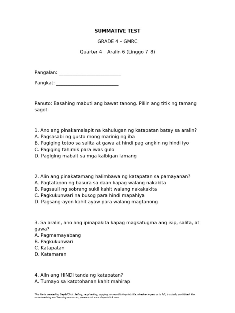 Grade4 GMRC Summative Test Q4 Week7-8 | PDF