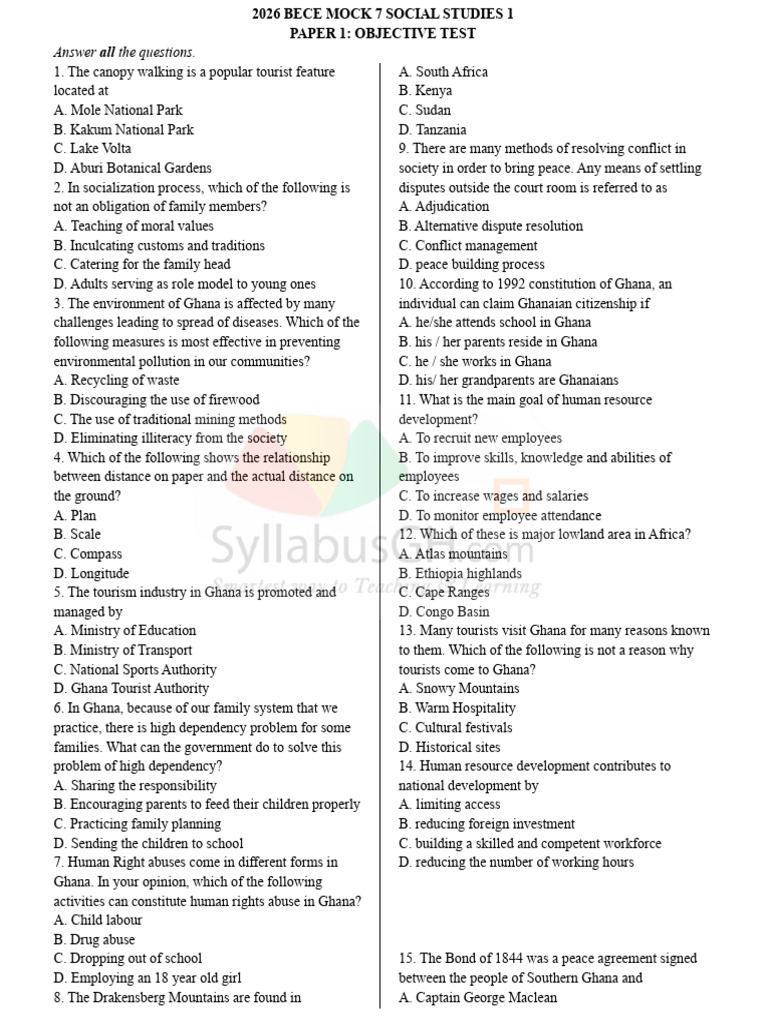2026 Bece Mock 7 Social Studies 1 | PDF | Ghana | Contour Line