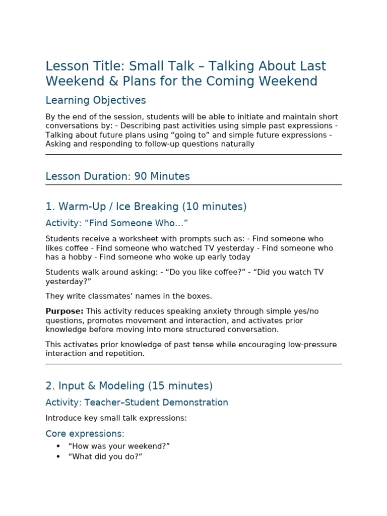 Small Talk Lesson Plan (Past & Future Weekend) | PDF | Human ...