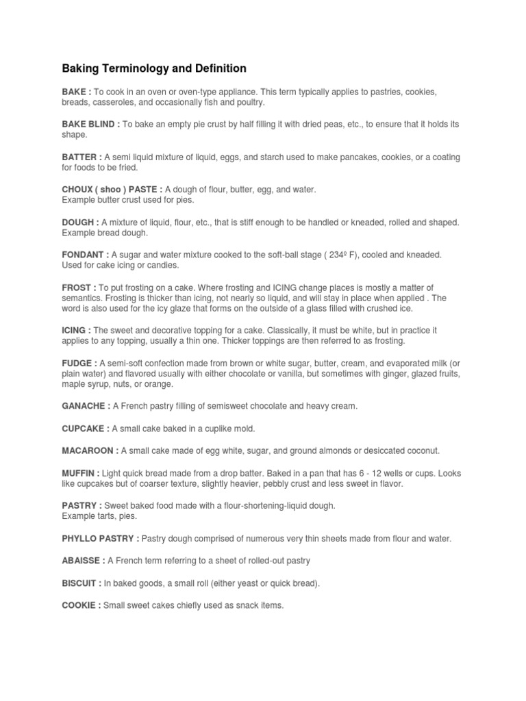 Baking Terms and Definitions Guide | PDF | Dough | Cakes