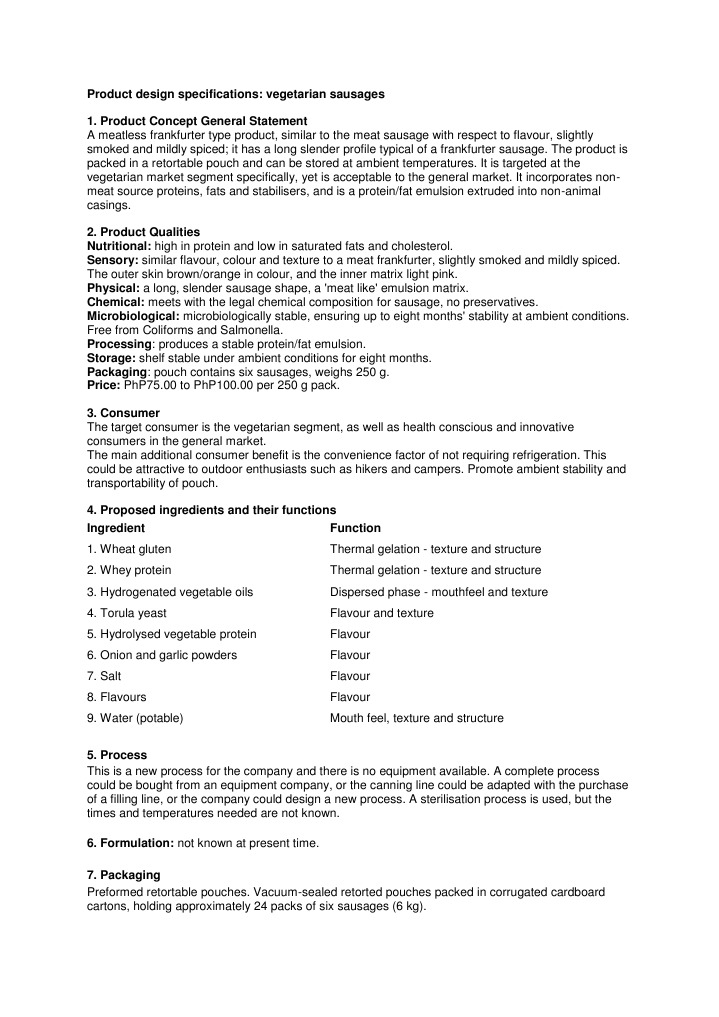 Product Design Specifications | PDF | Flavor | Sausage