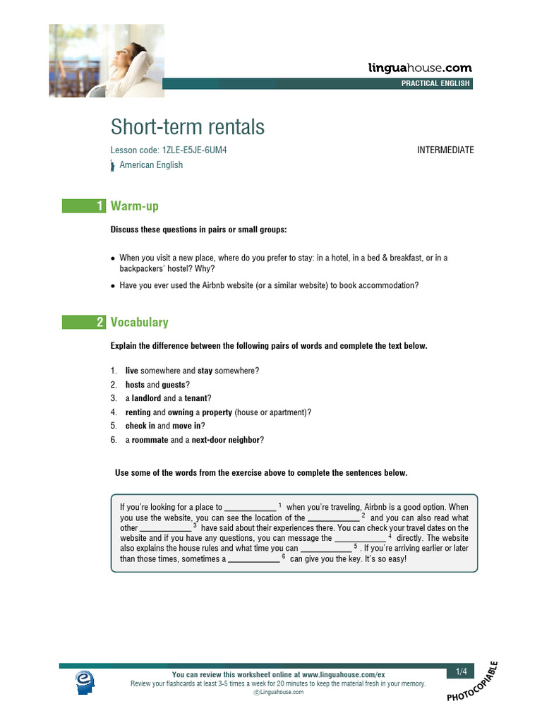 Short Term Rentals American English Intermediate b1 b2 Group | PDF