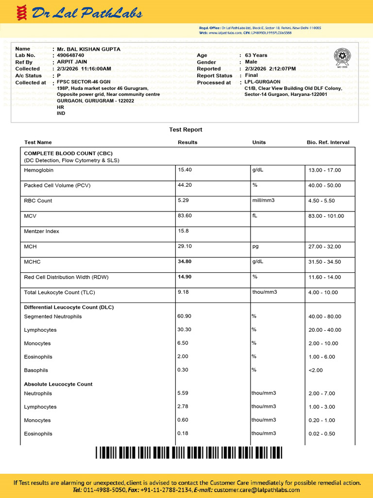 Bal Kishan Gupta CBC Report | PDF | White Blood Cell | Medical Tests