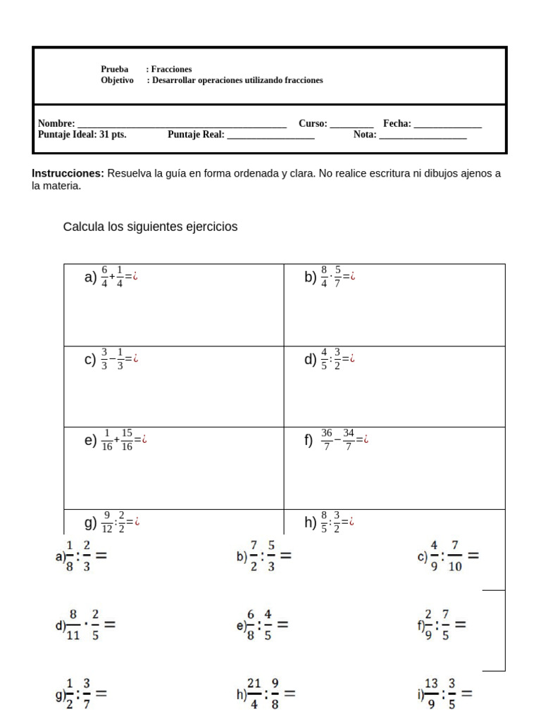 Prueba de Fracciones | PDF