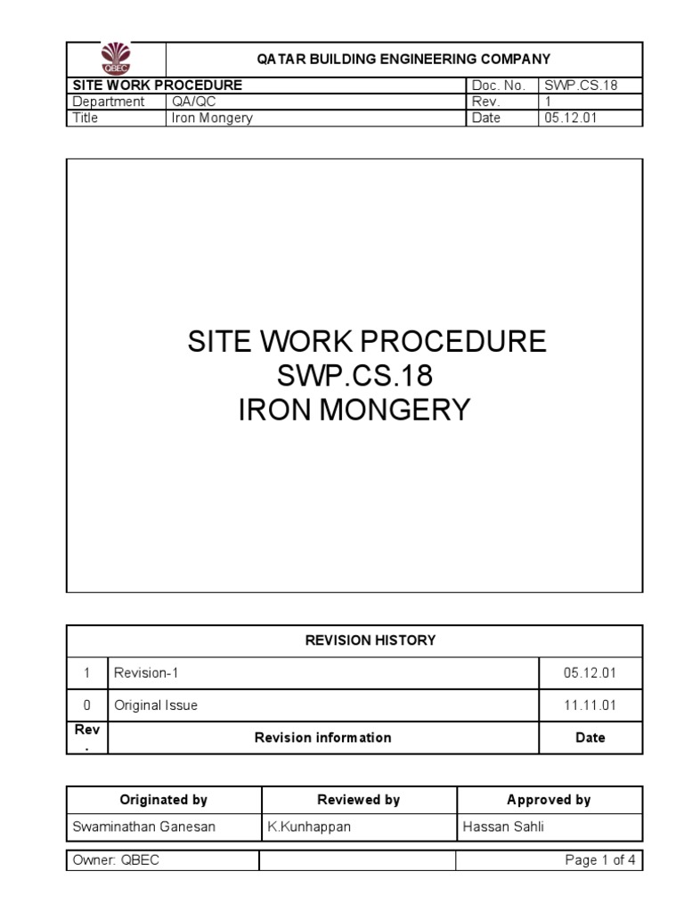 Iron Mongery Installation Procedure | PDF | Door | Screw