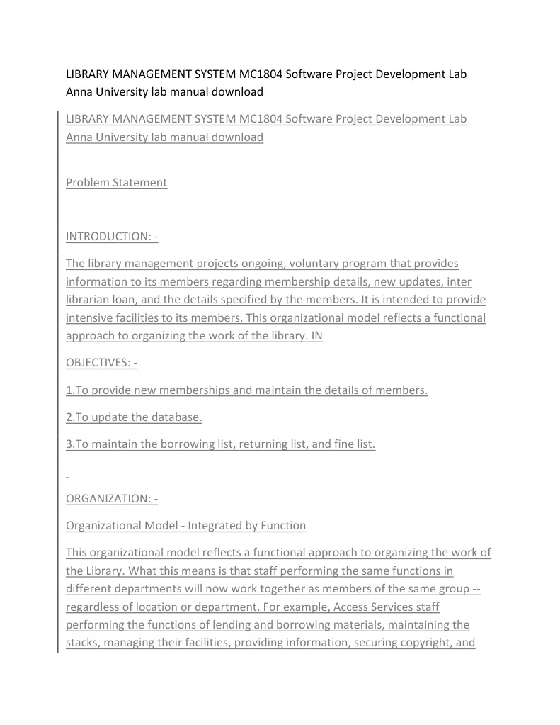 LIBRARY MANAGEMENT SYSTEM MC1804 Software Project Development Lab Anna University Lab Manual ...