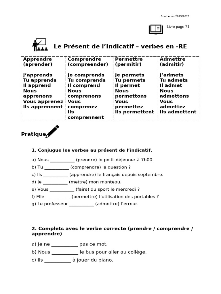 Les Verbes en - RE | PDF