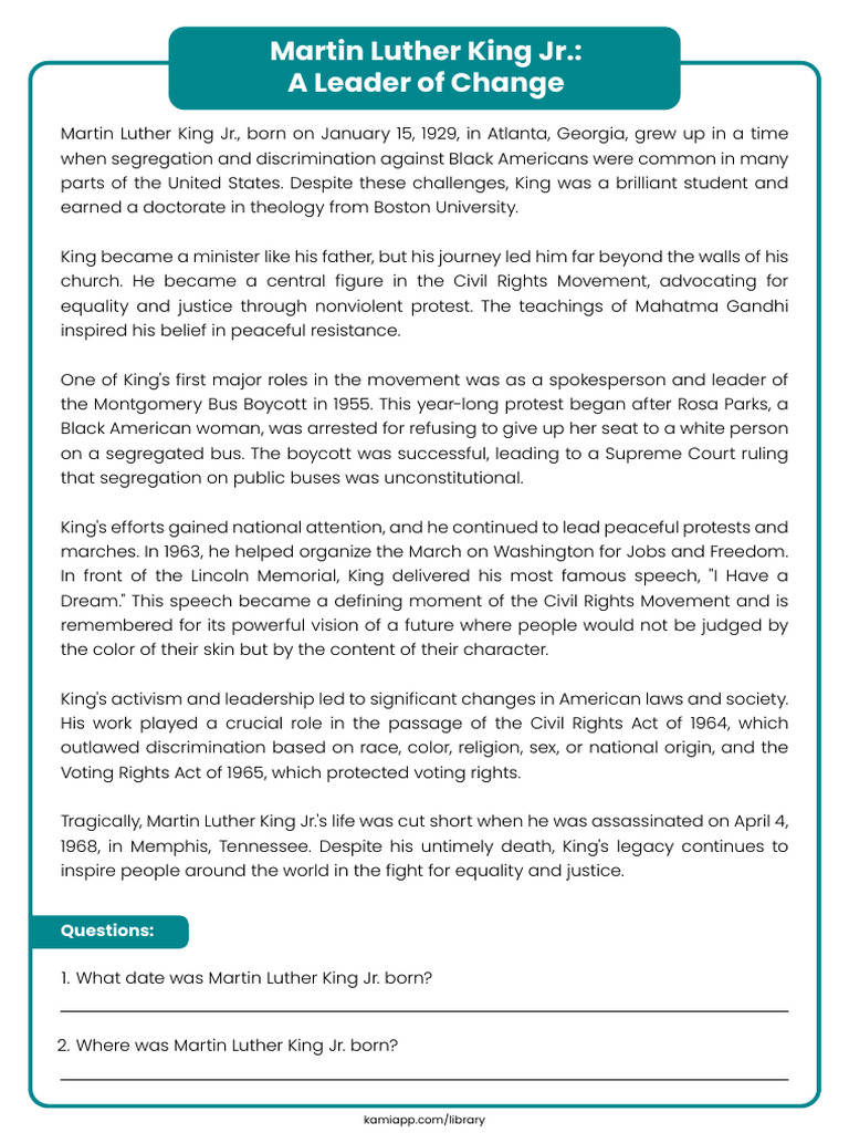 Martin Luther King Jr. - Reading Comprehension | PDF