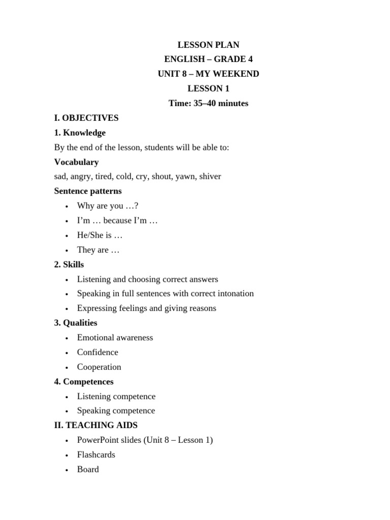 Grade 4 Unit 8 | PDF | Lesson Plan | Homework