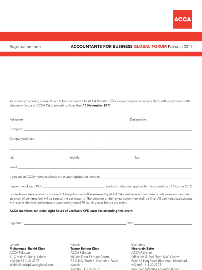 ACCA Pakistan 2011 Forum Registration Form | PDF | Finance & Money ...