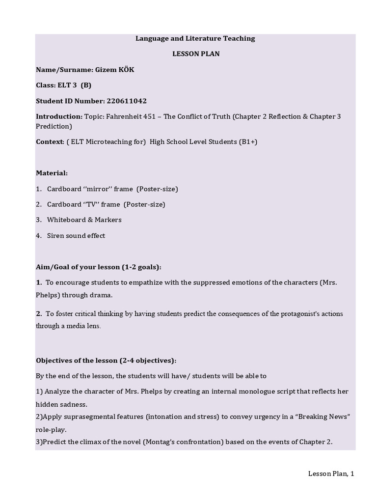 Fahrenheit 451 Lesson Plan. | PDF | Lesson Plan | Human Communication