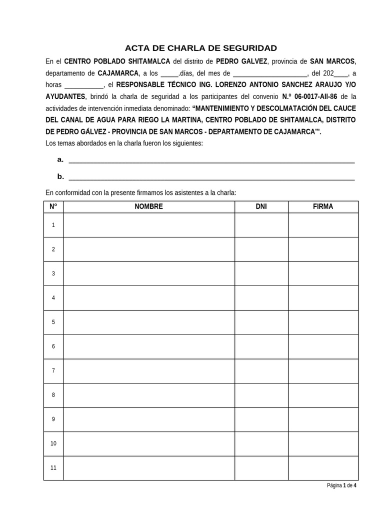 Acta de Charla de Seguridad Shitamalca 2025 | PDF