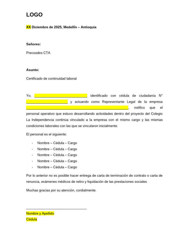 Carta de Continuidad Laboral La Independencia | PDF