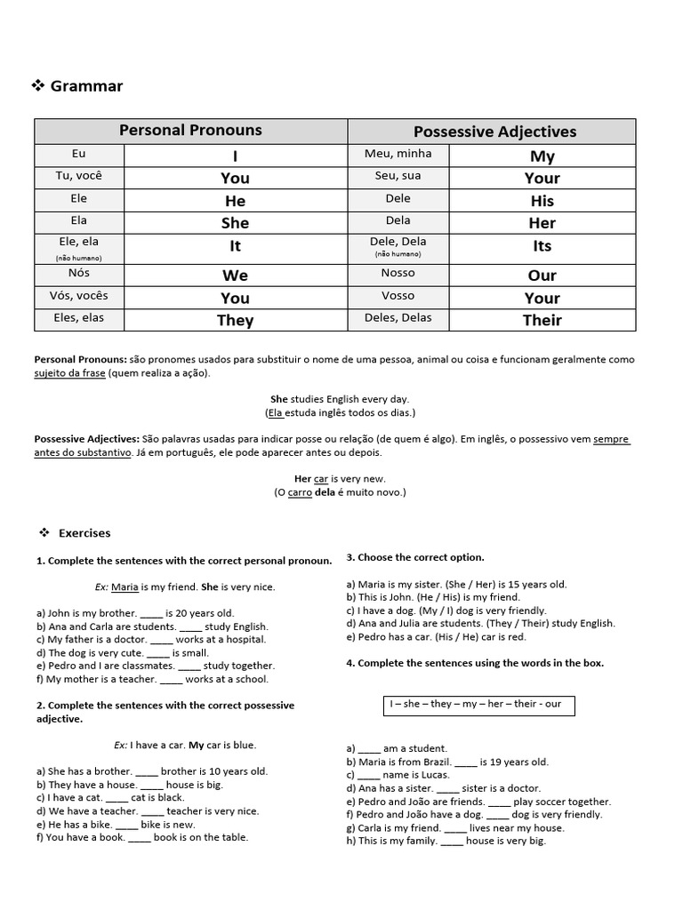 Grammar - Personal Pronouns Possessive Adjectives | PDF | Linguistic ...