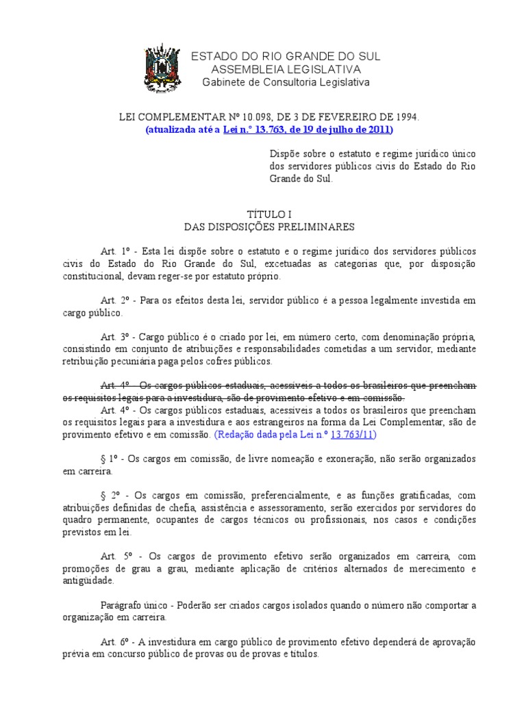 Lei 10098 - Estatuto Estadual RS | PDF