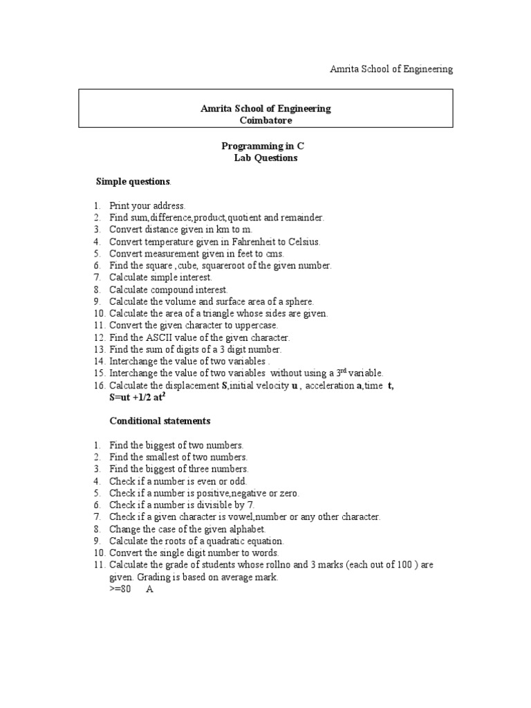 Amrita School of Engineering Coimbatore Programming in C Lab Questions | PDF | String (Computer ...