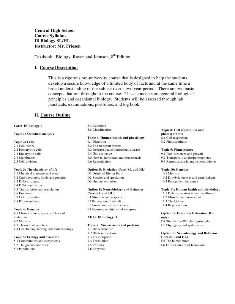 Ib Biology Syllabus 2012-2013 | PDF | Evolution | Homework