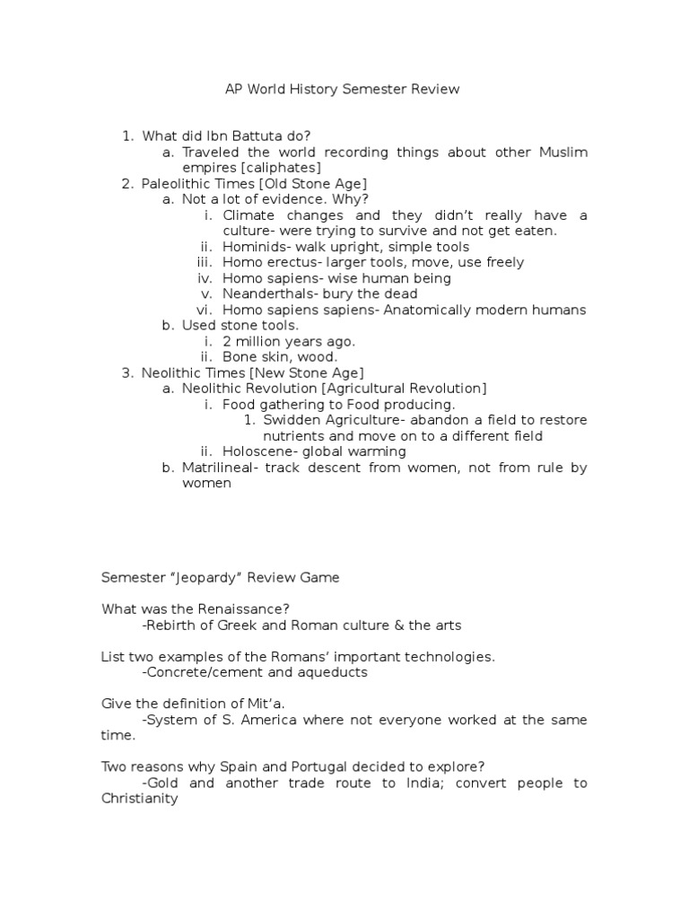 AP World History Semester Review | PDF | Paleolithic | Stone Age