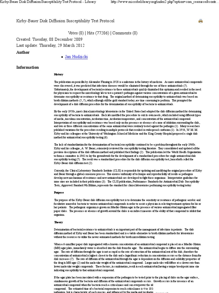 Kirby-Bauer Disk Diffusion Susceptibility Test Protocol - Library | PDF