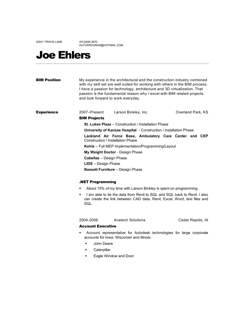 Joe Ehlers Professional Resume | PDF | Autodesk Revit | Building ...