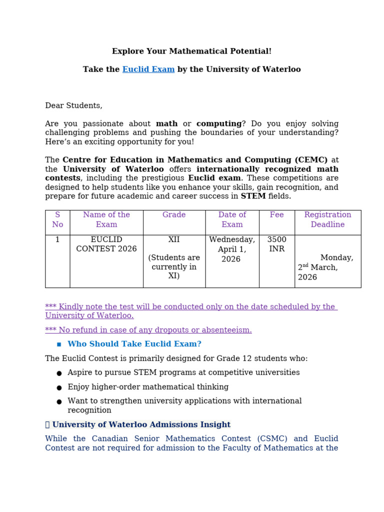 Euclid Circular 2026-2027 | PDF | University | Mathematics