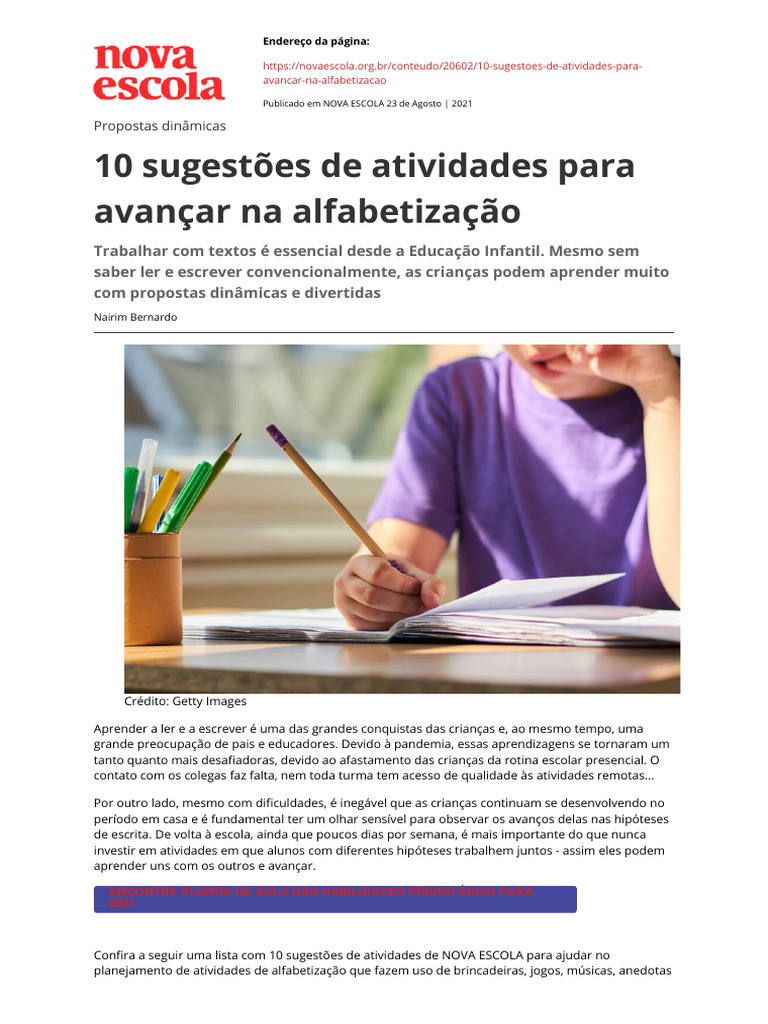 10 Sugestoes de Atividades para Avancar Na Alfabetizacaopdf | PDF ...
