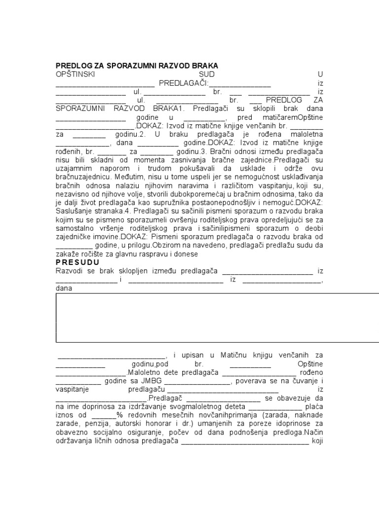 Predlog Za Sporazumni Razvod Braka