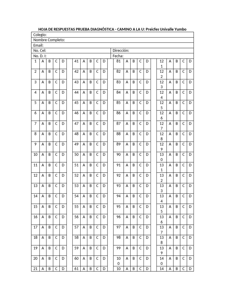 Hoja de Respuestas Prueba Diagnóstica | PDF