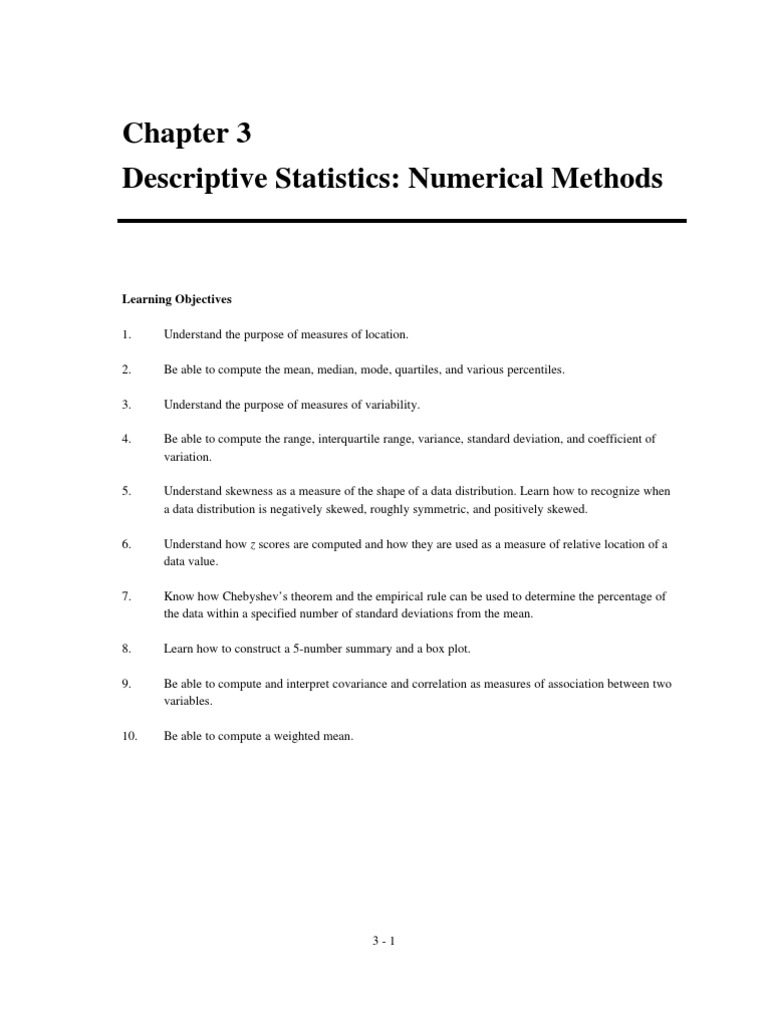 Descriptive Statistics: Numerical Methods: Learning Objectives | PDF