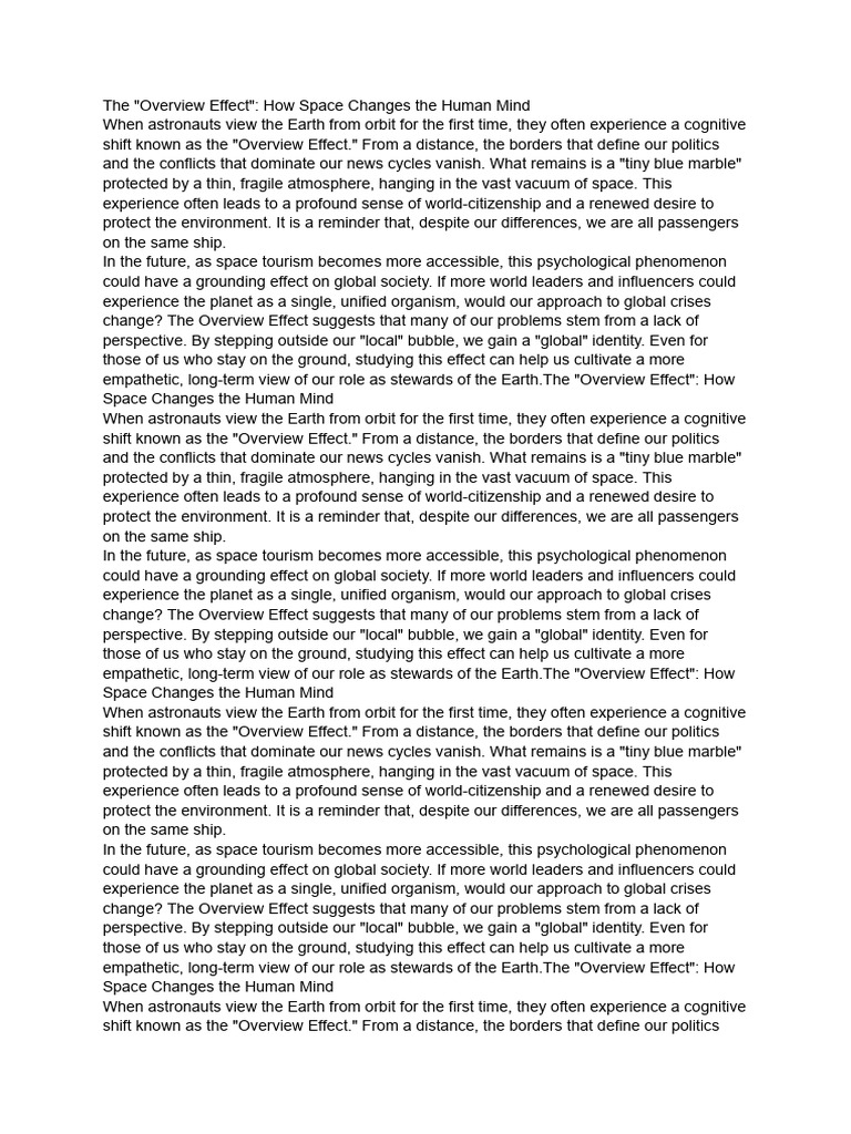 The - Overview Effect - How Space Changes The Human Mind | PDF | Outer ...