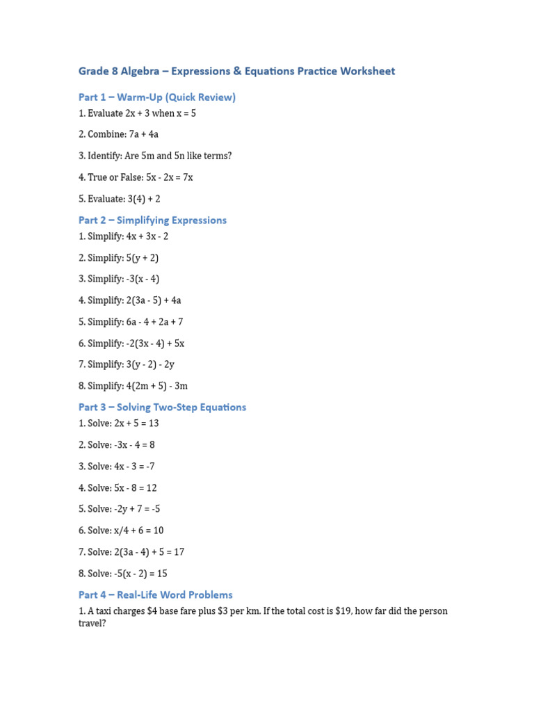 Grade8 Algebra Worksheet | PDF