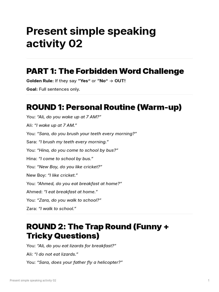 Present Simple Speaking Activity 02 | PDF