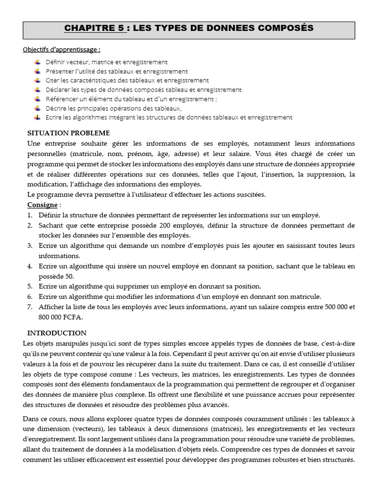 Chapitre 5 - Les Types de Donnees Composés | PDF | Matrice ...