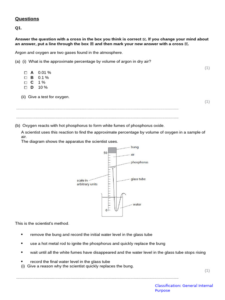 Percentage Oxygen Worksheet | PDF