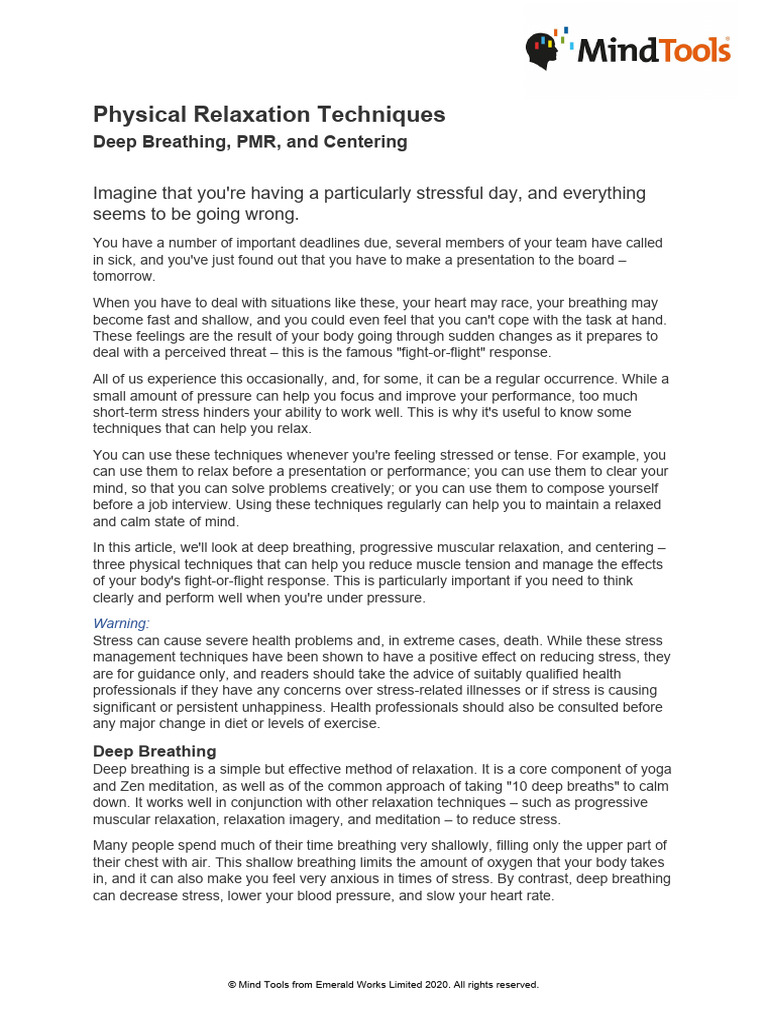 Physical Relaxation Techniques | PDF | Breathing
