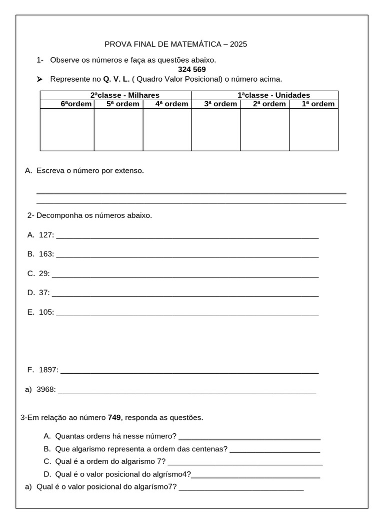 PROVA FINAL DE MATEMÁTICA 2025 4ano. | PDF | Cálculo